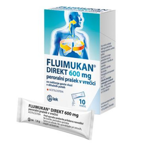 Fluimukan direkt 600 mg peroralni prašek, 10 vrečk - Zdravila brez recepta